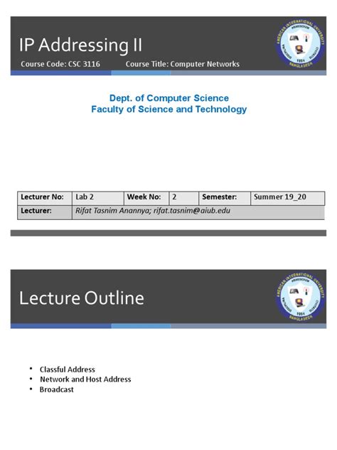 Lab Lecture 2 Ip Addressing Ii Pdf Ip Address Computer Network