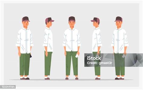 스마트 폰 전면보기 남성 캐릭터 와 캐주얼 남자를 설정 애니메이션 전체 길이 수평에 대한 다른 보기 측면 보기에 대한 스톡 벡터 아트 및 기타 이미지 Istock