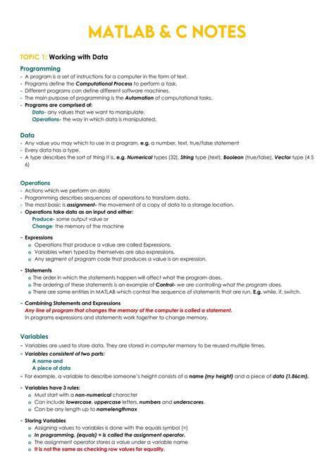 Introductory Programming Full Course Notes Eng1002 Matlab And C Adelaide Thinkswap