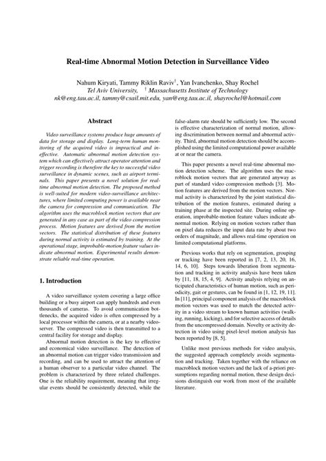 Pdf Real Time Abnormal Motion Detection In Surveillance Video