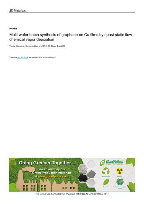 Pdf Multi Wafer Batch Synthesis Of Graphene On Cu Films By Quasi Static Flow Chemical Vapor