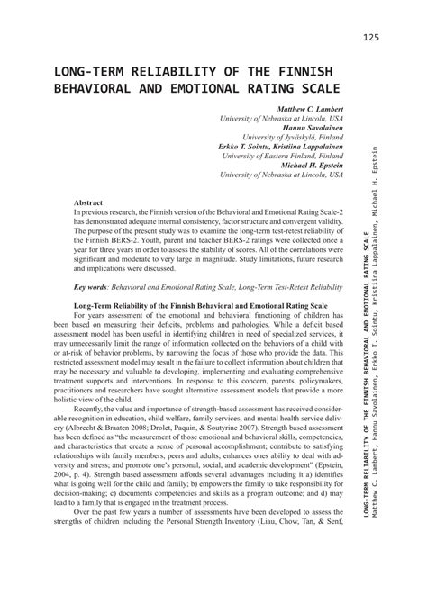 Pdf Long Term Reliability Of The Finnish Behavioral And Emotional Rating Scale