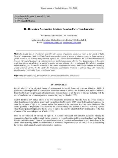 The Relativistic Acceleration Relations Pdf Special Relativity