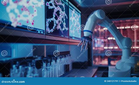Laboratory Robot Arm Conducting Analysis In A High Tech Research Facility At Night Stock Image