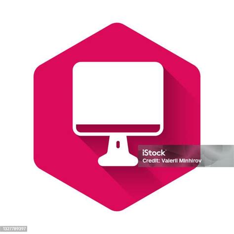 긴 그림자 배경으로 격리된 화이트 컴퓨터 모니터 화면 아이콘입니다 전자 기기 전면 보기입니다 핑크 육각형 버튼 벡터 0명에 대한 스톡 벡터 아트 및 기타 이미지 Istock