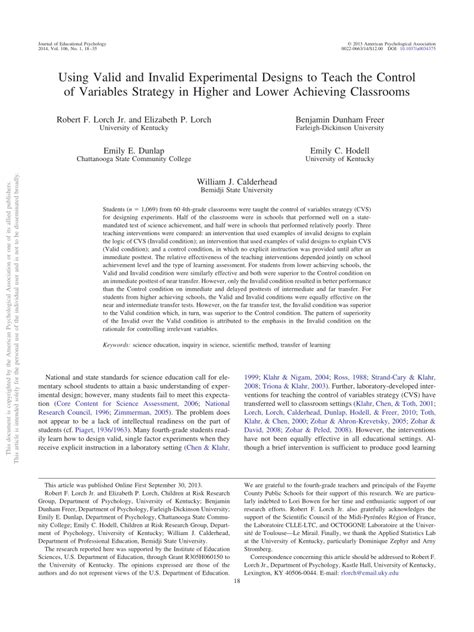 Pdf Using Valid And Invalid Experimental Designs To Teach The Control