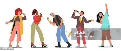 가라오케 클럽 컨셉으로 춤을 추고 노래하는 젊은이들의 집합 마이크와 함께 노래하는 남성과 여성 캐릭터 노래에 대한 스톡 벡터 아트 및 기타 이미지 Istock