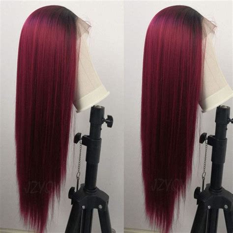 24inches Ombre Burgundy Synthetic Lace Front Wig Heat Resistant Fiber