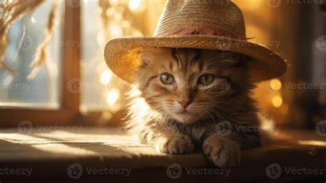 A Cozy Cat Wearing A Straw Hat Basking In Warm Sunlight By A Window