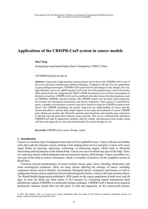 PDF Applications Of The CRISPR Cas System In Cancer Models