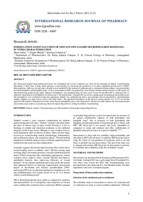 Pdf Formulation And Evaluation Of Simvastatin Loaded Microemulsion Based Gel In Vitro