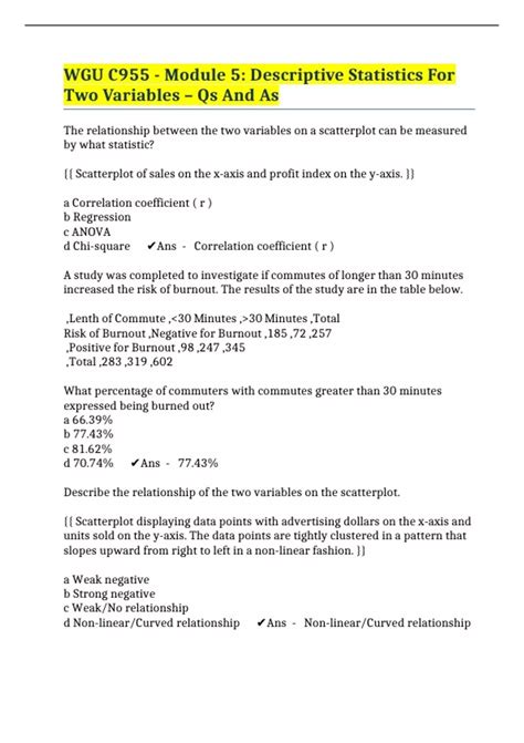 WGU C Module Descriptive Statistics For Two Variables Qs And As WGU C Stuvia US