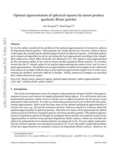 Pdf Optimal Approximation Of Spherical Squares By Tensor Product Quadratic B Ezier Patches