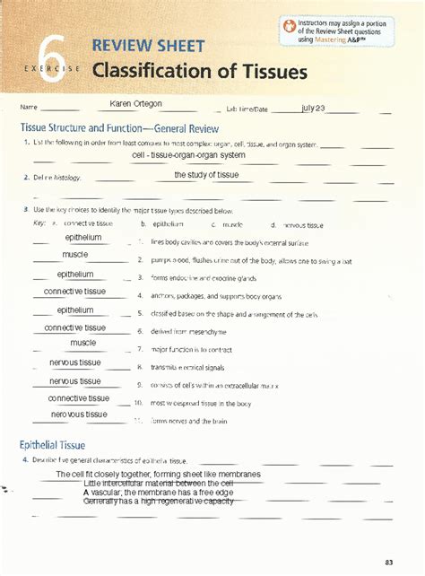 AP Lab Ex 06 Review Sheet Chapter 6 Classification Of Tissues Bio