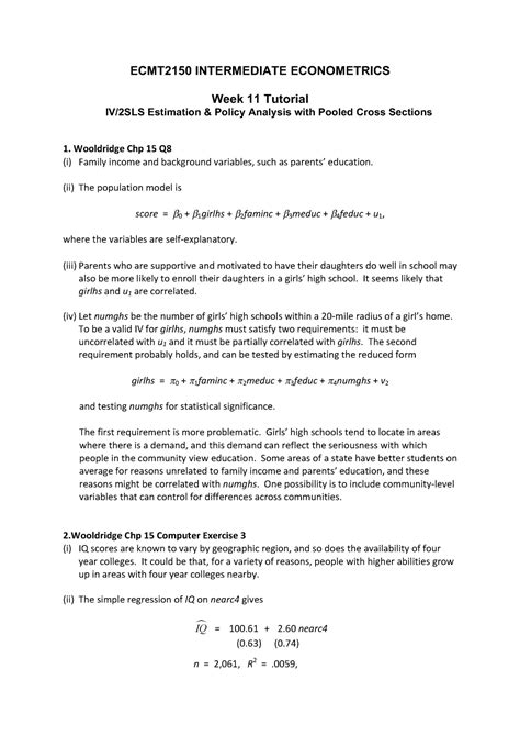 Week 11 Tutorial Answers Ecmt2150 Intermediate Econometrics Week 11