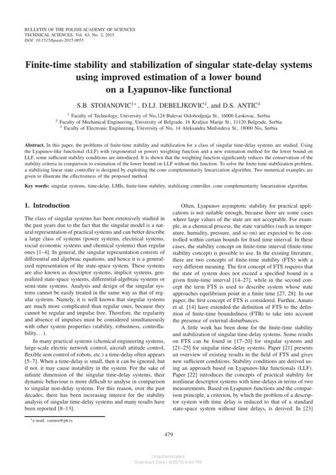 PDF Finite Time Stability And Stabilization Of Singular State Delay Systems Using Improved