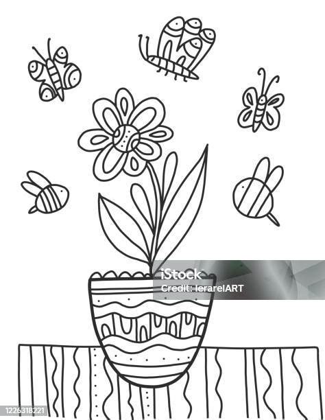 꽃과 색칠 공부 책 주위에 곤충화 꽃 벡터 봄 착색 꿀벌과 나비와 아름다운 꽃입니다 창조적 인 색칠과 창의력을위한 낙서 패턴