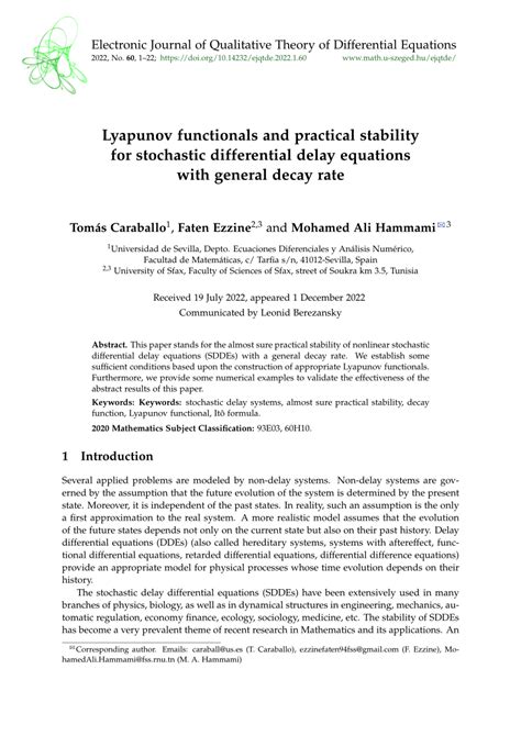 Pdf Electronic Journal Of Qualitative Theory Of Differential Equations Lyapunov Functionals
