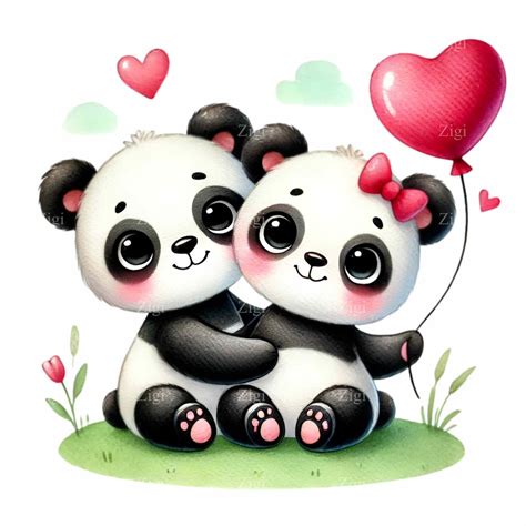 Kawaii Panda Couple Png Clipart 15 Cute Pandas With Heart Balloon