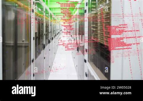 Digital Animation Of Red Digital Codes Moving Across The Screen While Background Shows Hallway
