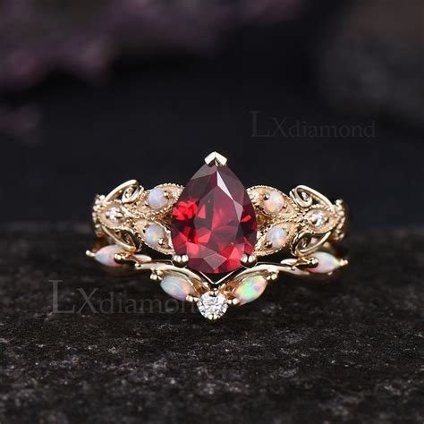 Milgrain Teardrop Ruby Engagement Ring Set Unique Vintage White Opal Wedding Ring Art Deco July
