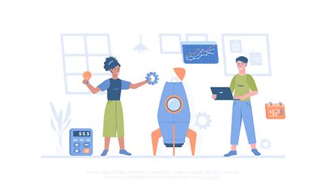 창업 남자와 여자가 로켓 발사를 준비하고 있다 프로젝트 성공 사업 계획 배너 웹사이트 디자인 랜딩 페이지를 위한 만화 현대 플랫 벡터 일러스트레이션 Launch Party에