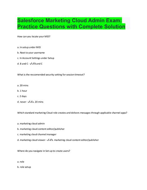 Salesforce Marketing Cloud Admin Exam Practice Questions With Complete Solution Scholarfriends