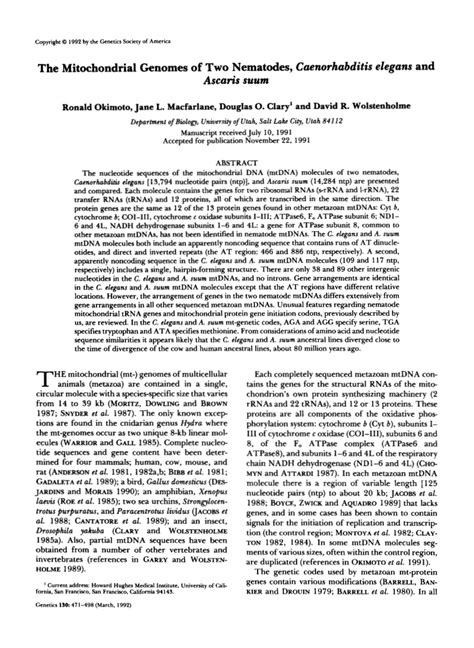 Pdf The Mitochondrial Genomes Of Two Nematodes Caenorhabditis Elegans And Ascaris Suum