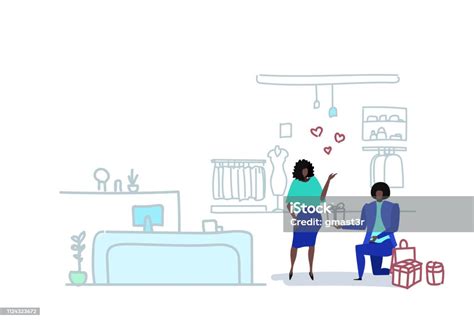 남자가 무릎을 꿇 고 그 사랑 결혼 제공 스케치 낙서 수평 벡터 일러스트 레이 션에 쇼핑몰 인테리어 아프리카계 미국인 부부 결혼 여자를 제안 하는 선물 상자 약혼 반지를