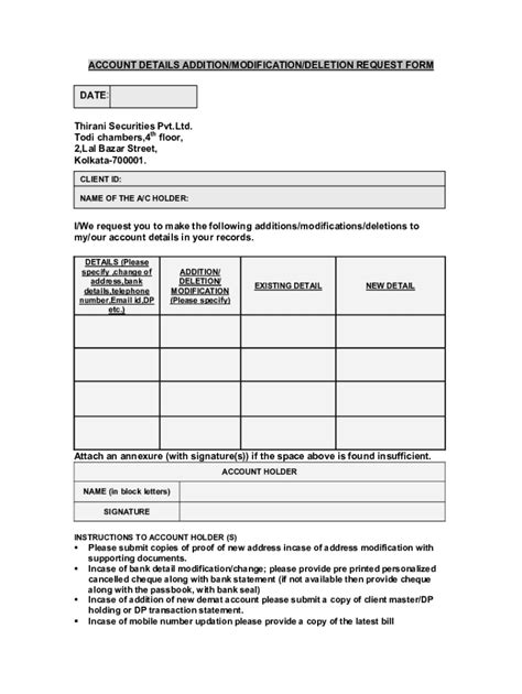 Fillable Online Account Details Addition Deletion Modification Form Fax
