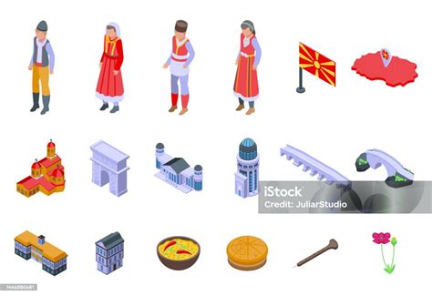 마케도니아 아이콘은 아이소 메트릭 벡터를 설정합니다 스코 페 국가 3차원 형태에 대한 스톡 벡터 아트 및 기타 이미지 3차원 형태 Macedonian People