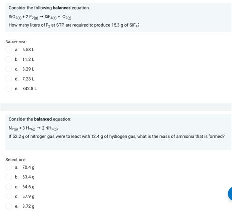 solved consider the following balanced equation sio2 s 2