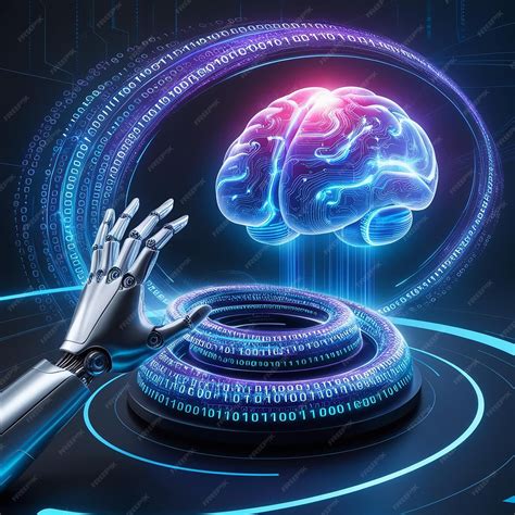 Machine Learning Hand Of Robots Touching On Binary Data Futuristic