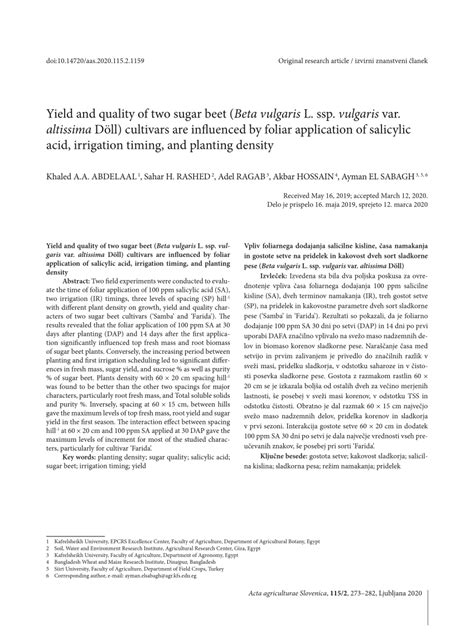 Pdf Yield And Quality Of Two Sugar Beet Beta Vulgaris L Ssp Vulgaris Var Altissima Döll