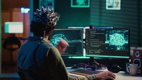 Man With Eeg Headset On Writing Code Allowing Him To Transfer Mind Into Computer Virtual World