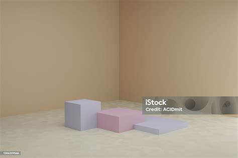 차분한 파스텔 색상의 사각형 연단과 3d 모델링 장면 간단한 기하학적 요소로 빈 쇼케이스 모형 화장품 프레젠테이션을 위한 빈 3d 플랫폼 0명에 대한 스톡 사진 및 기타