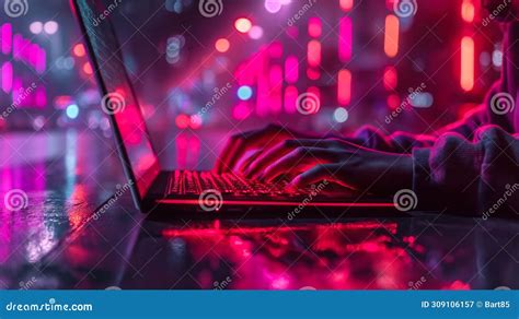 close up of hands typing on a glowing laptop keyboard with vibrant neon