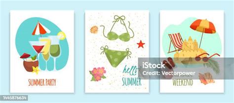 여름 주말 파티 요소 카드 세트 뜨거운 나라 열대 해변 휴가 평면 벡터 일러스트 레이 션 해외 여행 레크리에이션 시즌 개념에 대한 스톡 벡터 아트 및 기타 이미지 Istock