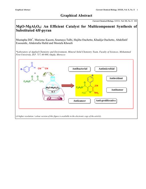Pdf Mgo Mgal2o4 An Efficient Catalyst For Multicomponent Synthesis Of Substituted 4h Pyran