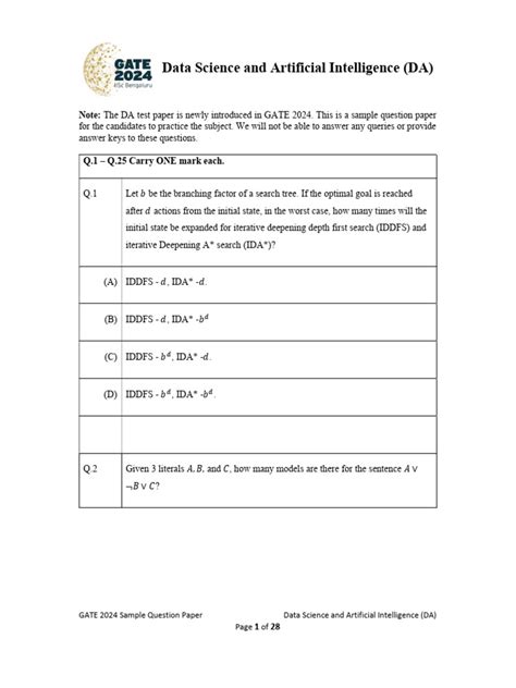 data science aisample question paper pdf algorithms applied