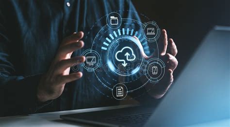 Man Interacting With A Digital Cloud Storage Interface Representing