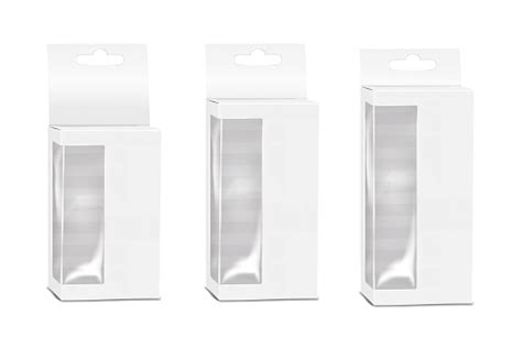 얇은 흰색 판지 플랩 뚜껑 헤더 탭 및 유로 슬롯 행거가 있는 투명 창 상자 사실적인 3d 벡터 모형 세트 교수형 구멍이 있는 판지 용기 모형 키트 편집하기 쉬움 포장에