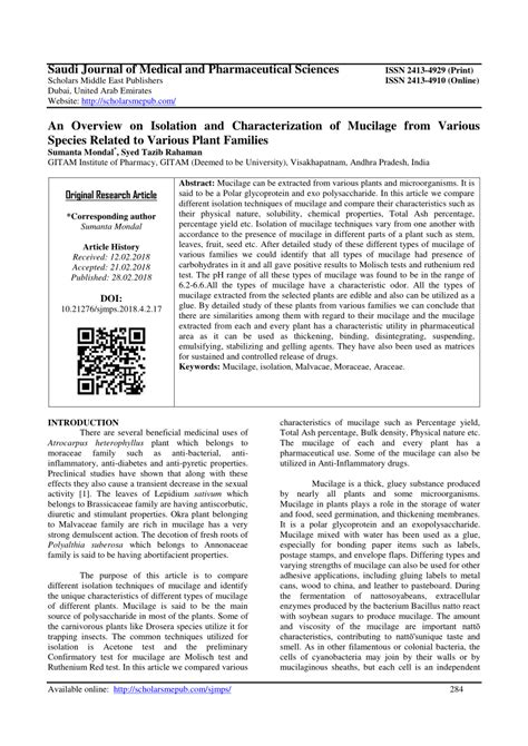 Pdf An Overview On Isolation And Characterization Of Mucilage From Various Species Related To