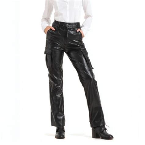 Womens Leather Biker Pants With Side Pockets Regular Fit Motorcycle