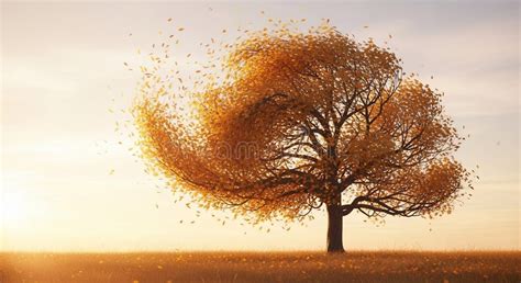 Autumn Tree Leaves Blowing In The Wind At Sunset Stock Illustration Illustration Of Scenic