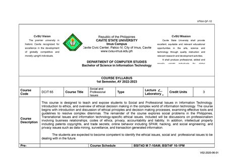 Syllabus Dcit 65a Asdasda Republic Of The Philippines Cavite State University Imus Campus