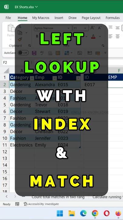 Left Lookup With Index And Match In Excel Excel Exceltips Exceltutorial Youtube