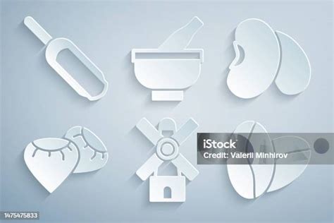 풍차 콩 씨앗 커피 콩 절구와 유봉 및 국자 밀가루 아이콘을 설정합니다 벡터 콩 콩과에 대한 스톡 벡터 아트 및 기타 이미지