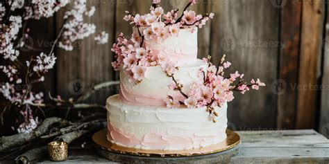 Sakura Themed Wedding Cake With Soft Pastel Pink Blossoms For Elegant