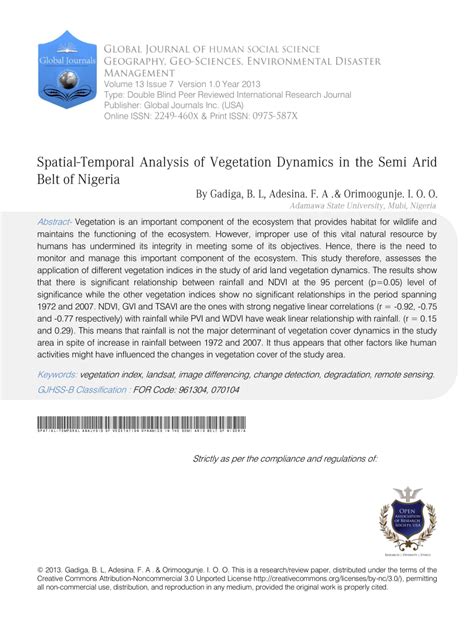 Pdf Spatial Temporal Analysis Of Vegetation Dynamics In Semi Arid Belt Of Nigeria